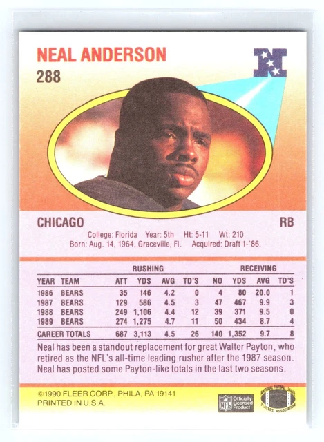1990 FLEER 288 Neal Anderson Chicago Bears carte de football EUR 2,00 ...