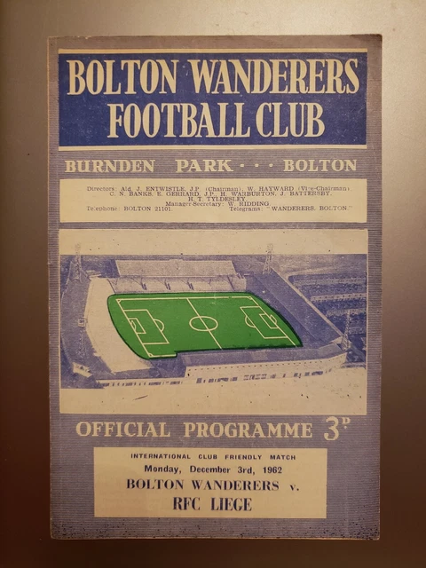 BOLTON WANDERERS V RFC Liege Friendly Programme 03/12/62 £2.99 ...