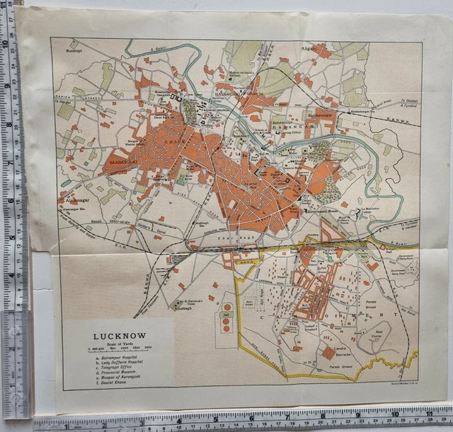 1933 INDIA TOURIST Map Lucknow City Plan Hospital Telegraph Office ...