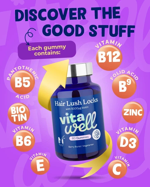 VITAWELL HAIR LUSH Locks Gummies - Growth + Skin + 60 count (Pack of 1 ...