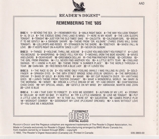 REMEMBERING THE '60S 4-DISC CD BOX SET Selection Reader's Digest 1960s ...