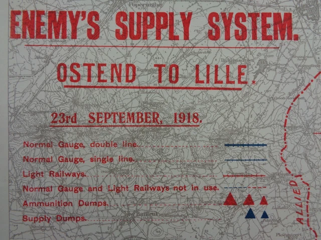 WW1 BRITISH INTELLIGENCE MAP entitled "ENEMY'S SUPPLY SYSTEM" (OSTEND ...