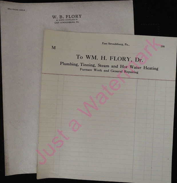 VINTAGE LETTERHEAD FLORY Family Letter and Plumbing Billing Statement ...