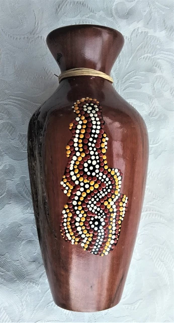 VINTAGE TURNED RED Gum Timber Vase With Aboriginal Dot Painting Signed ...