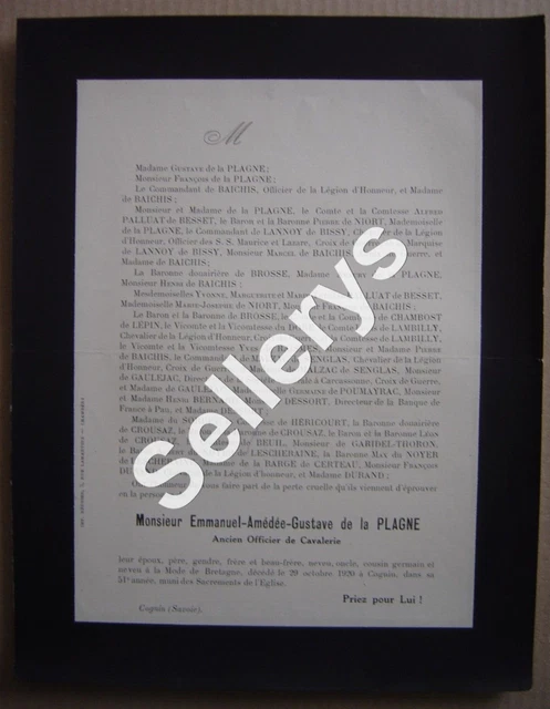 FAIRE-PART DE DÉCÈS Emmanuel Amédée Gustave de La PLAGNE Officier de Cavalerie EUR 24,90 ...