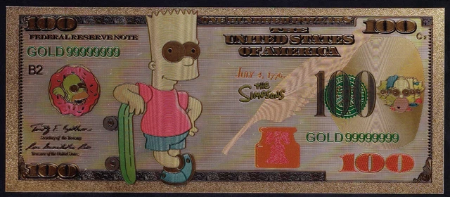 THE SIMPSONS BART Simpson United States USA $100 Gold Foil Plastic ...