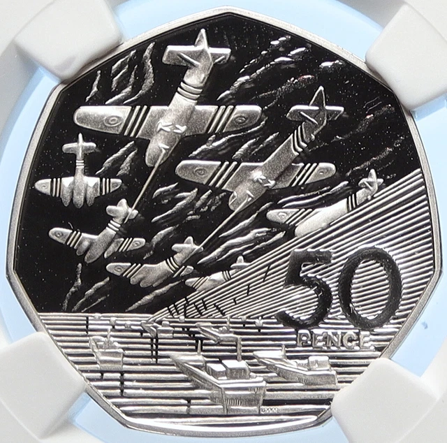 1994 UK QUEEN Elizabeth II Normandy WWII DDay Proof Silver 50P Coin NGC ...