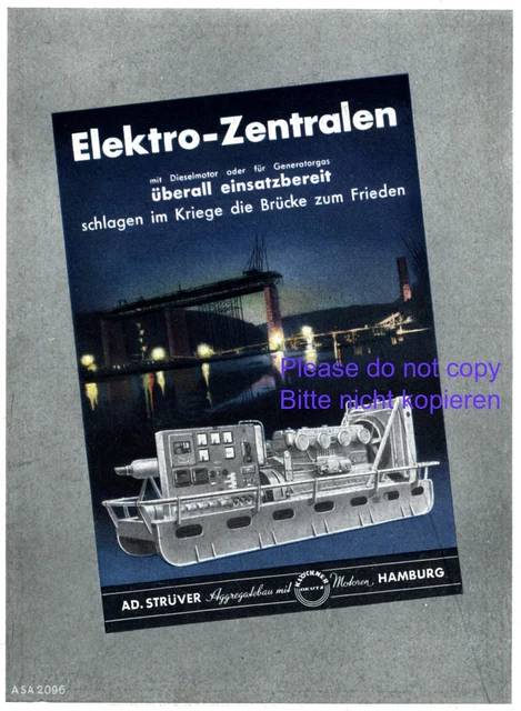 AGGREGATEBAU STRÜVER HAMBURG Reklame 1944 Deutz Motoren Elektro ...