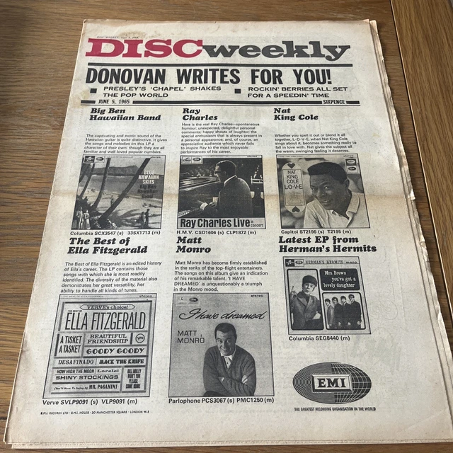 DISC WEEKLY NEWSPAPER - June 5th 1965 - Inc Nat King Cole, Ray Charles ...