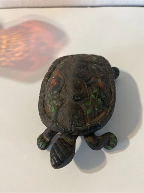 VINTAGE WILTON CAST Iron Turtle / Match Safe Painted Flowers Key Hider ...