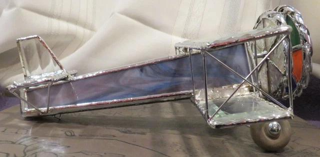 VTG LEADED STAINED Glass Kaleidoscope DoublePropeller Bi-Plane Airplane ...