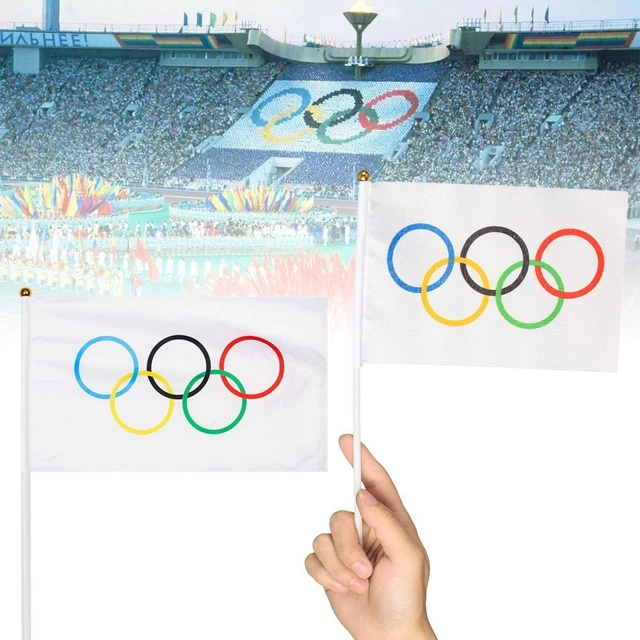 POLYESTER FABRIC HELD Flags Hand Flag Five Ring Pattern Olympics Style ...
