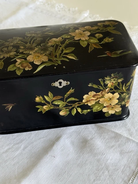 ANCIENNE BOITE À Thé En Bois Noir Décor Oiseaux Fleurs Napoleon lll EUR ...