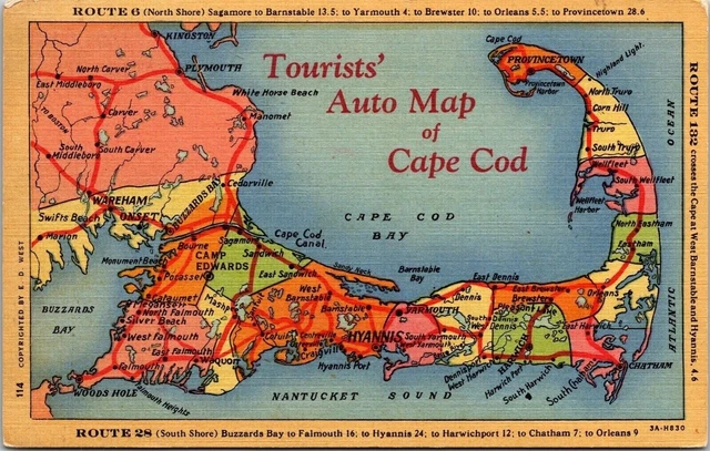 TOURTISTS AUTO MAP Of Cape Cod Bay New England Cities Linen Postcard £5 ...