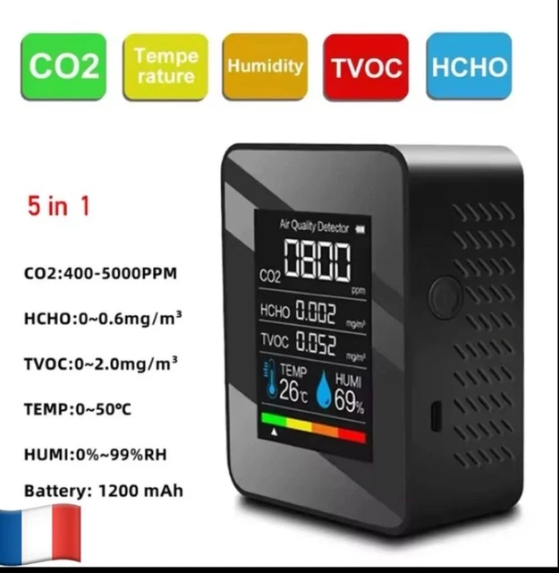 MONITEUR QUALITÉ AIR CO2 5en1 détecteur CO2, Température, HCHO, TVOC, Humidité EUR 19,99 ...