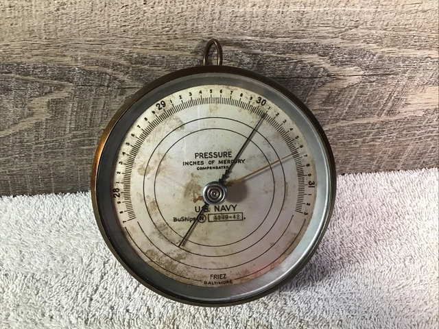 VINTAGE 1942 WW2 Friez Baltimore BuShips US Navy Brass Barometer Gauge ...