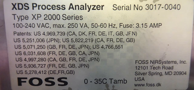 FOSS XDS PROCESS Analyzer XP 2000 NIRS XDS NIRSYSTEMS Ser. 3017-0040 ...