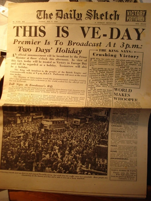 VE DAY NEWSPAPER ORIGINAL British Military Political History Army Navy ...