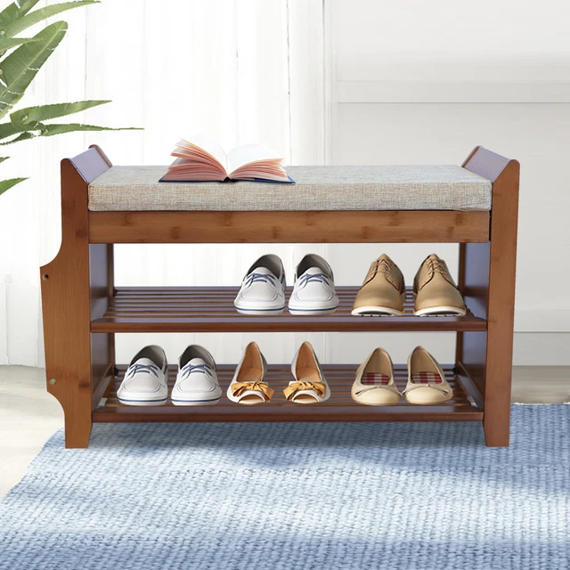 2-TIER BAMBOO SHOE Rack Bench Entryway Storage Shelf W/ Seat Cushion ...