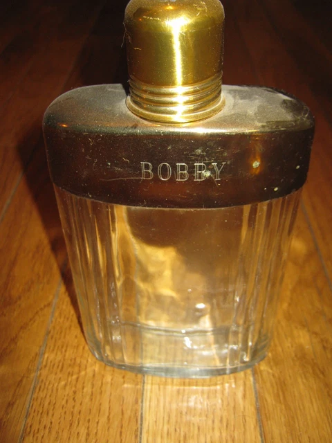 VINTAGE CLEAR GLASS Wine Whisky Flask with metal in gold tone name ...