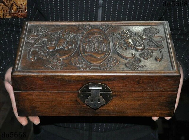 ANCIENT OLD CHINA Boxwood Wood carved wealth animal bat Storage Box ...