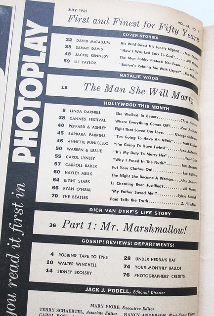 PHOTOPLAY MAGAZINE JULY 1965 Jackie Onassis 1960s Vintage Celebrity ...
