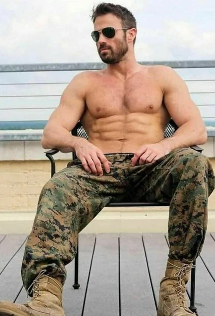 SHIRTLESS MALE MUSCULAR Hairy Chest Beard Military Stud Hunk Man PHOTO ...