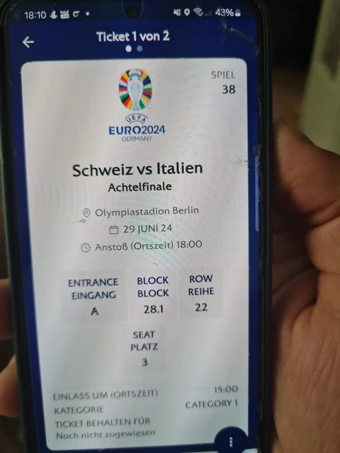 UEFA EURO 2024 tickets achtelfinale berlin. SCHWEIZ VS.ITALIEN EUR 700 ...