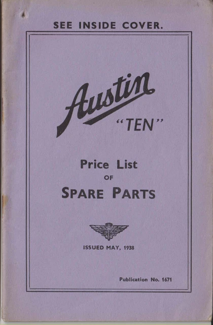 AUSTIN 10-4 ORIGINAL Price List of Spare Parts 1936 No 1404 ...
