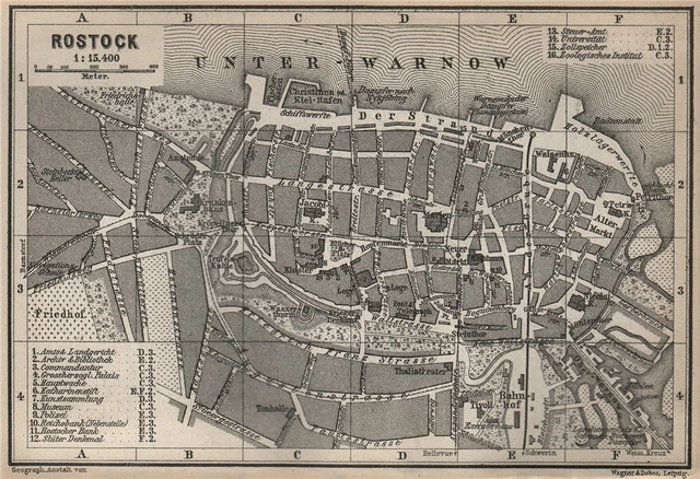 ROSTOCK ANTIQUE TOWN city stadtplan. Mecklenburg-Vorpommern karte 1886 ...