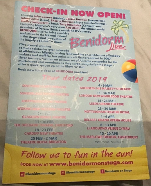 BENIDORM LIVE . SHERRIE HEWSON . JAKE CANUSO Rare 2019 promo leaflet £1 ...
