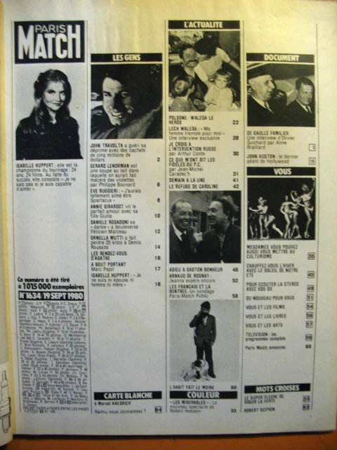 PARIS MATCH N° 1634 du 19/09/1980- Isabelle Huppert. Arnaud de Rosnay ...