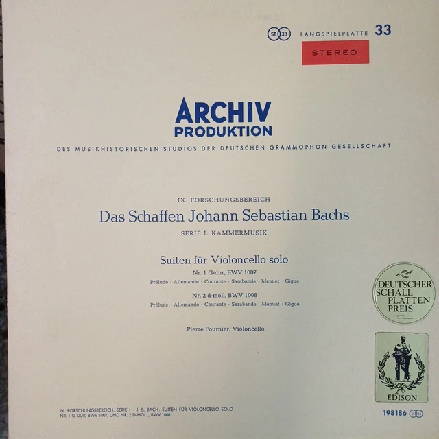 DGG ARCHIV *RED Stereo* Sapm 198 186 Bach Cello Suites #1 & 2 Pierre ...