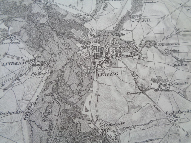 CARTE ANCIENNE XIXE Plan de Leipzig et environs Bataille Napoleon old ...