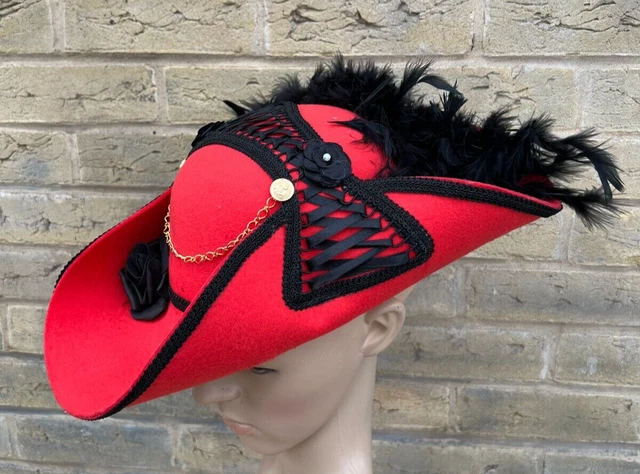 UNISEX RED BLACK Fancy Tricorn Pirate Hat Renaissance Feathers Corset ...