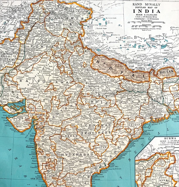 INDIA CEYLON BURMA 1935 Subcontinent Asia Map Calcutta 14 x 11" LGAD99 ...