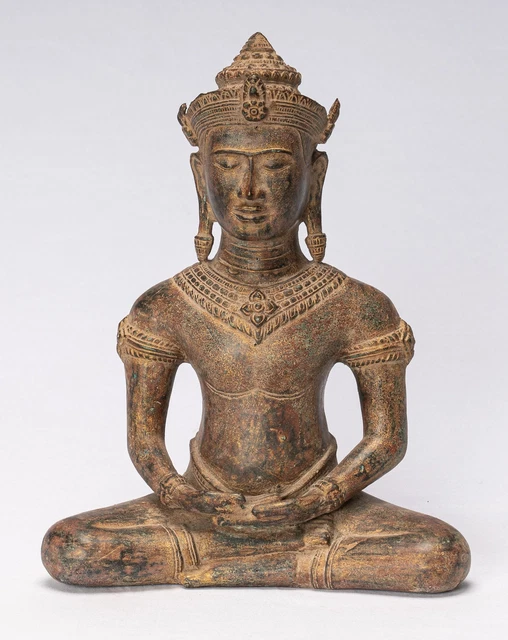 ANTIQUE KHMER STYLE Bronze Seated Meditation Buddha Statue - 29cm/12" £ ...