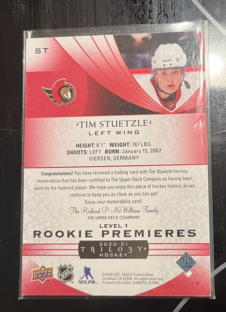 2020-21 UD TRILOGY Tim Stutzle Rookie Premieres Jersey Level 1 456/499 ...