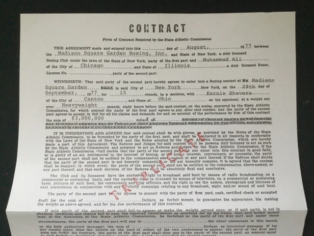 MUHAMMAD ALI V EARNIE SHAVERS MADISON SQUARE GARDEN FIGHT CONTRACT ...