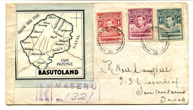 BASUTOLAND 1942 1D.+2D.+4D on illustrated Regd. Censor cover Maseru to ...