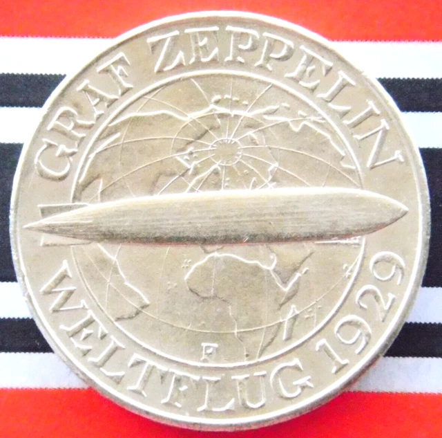 GERMAN COIN 3 MARK REICHSMARK 1930 F Graf ZEPPELIN 1929 Silver WEIMAR ...