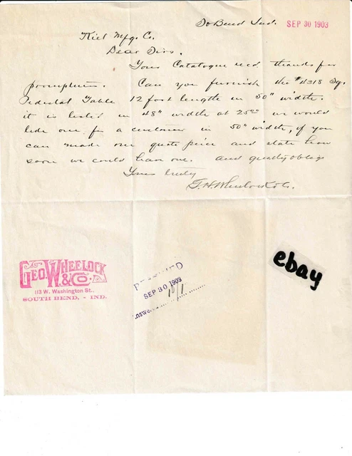 ANTIQUE 1903 PAPER letter head history Geo Wheelock co. south bend ...