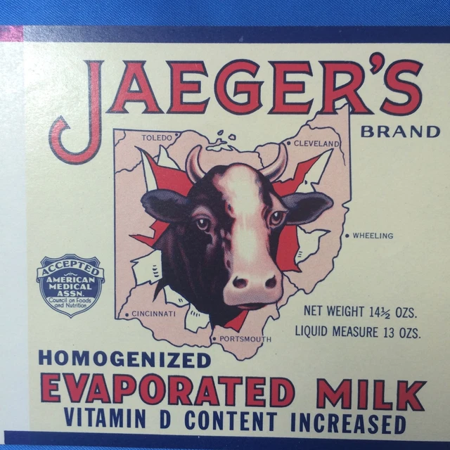 JAEGER'S EVAPORATED MILK Can Dairy Cow LABEL Columbus OHIO Original ...