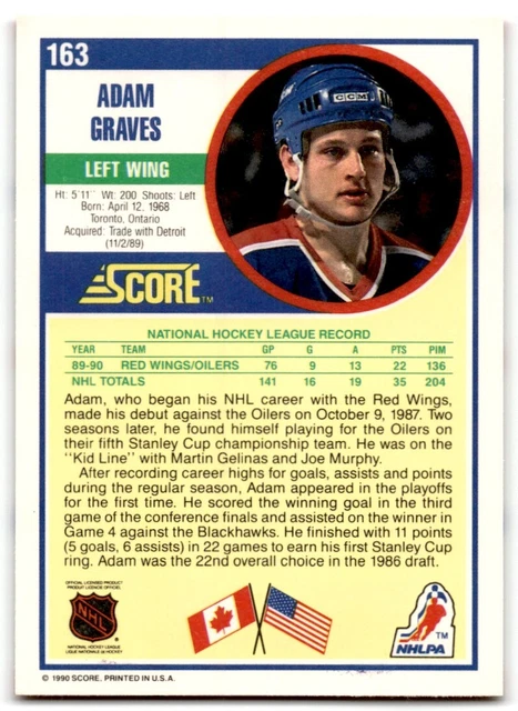 1990-91 SCORE ADAM Graves recrue Edmonton Oilers #163 EUR 1,08 ...