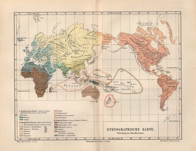 ETHNOGRAPHISCHE KARTE VERBREITUNG der Menschenrassen Weltkarte von 1896 ...