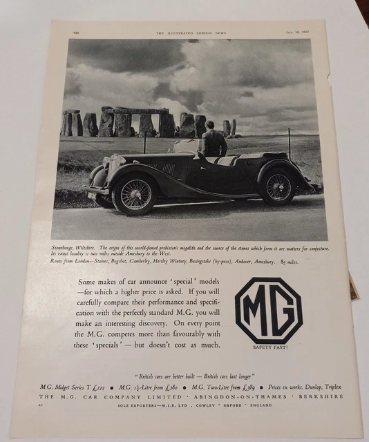 1937, MG MOTORS, Vintage original magazine advertisement. "Safety Fast ...