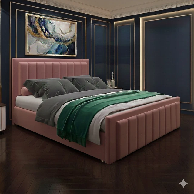 STOREX PLUSH VELVET Upholstered Ottoman Bed with Border Panel Headboard ...