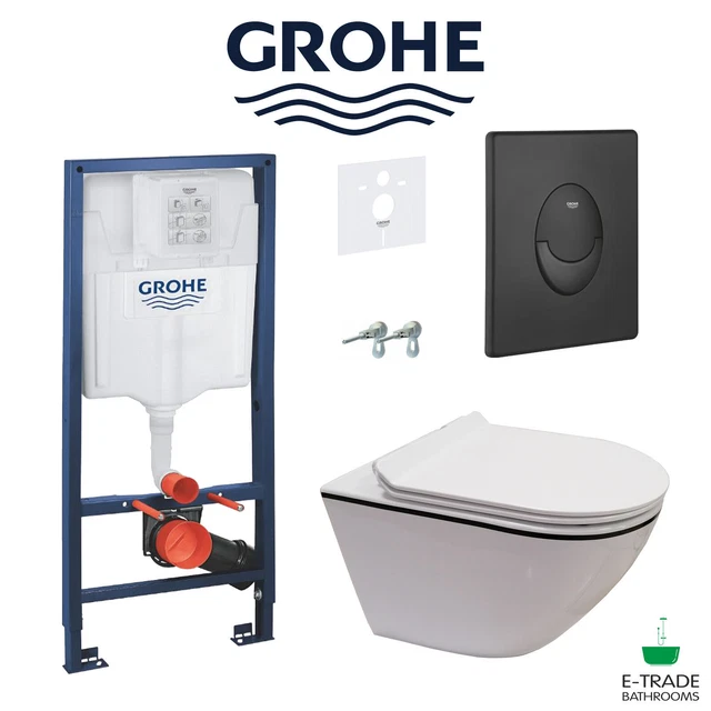 GROHE RAPID SL Frame+Skate Air Matt Black Flush Plate+Wall Hung Rimless ...