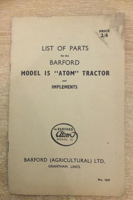 BARFORD ATOM 15 tractor & implements parts list book vintage antique ...