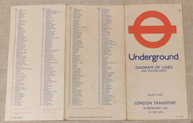 1975, LONDON UNDERGROUND TUBE MAP - Diagram of Lines and Station Index ...